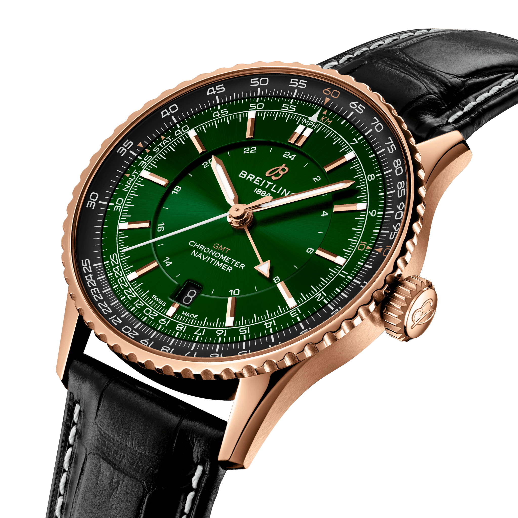 Navitimer Automatic GMT 41 Small scale traceable 18K red gold - Green ...